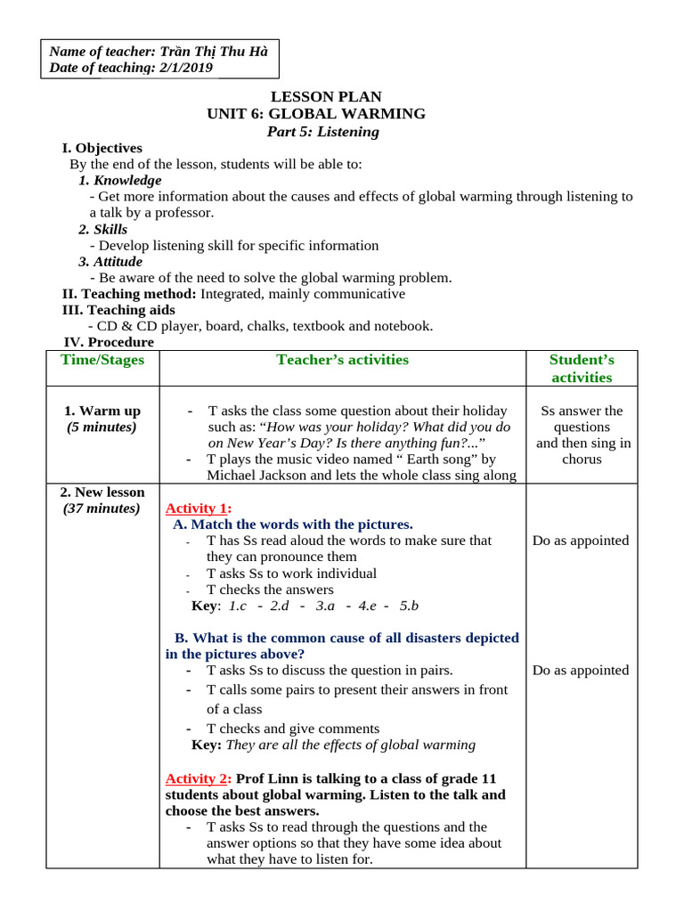 Lesson Plan - Unit 6 - Listening | PDF