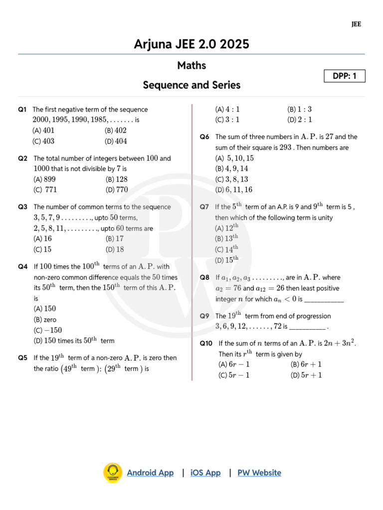Sequence and Series DPP 01 (Of Lec 03) | PDF | Mathematics | Teaching Methods & Materials