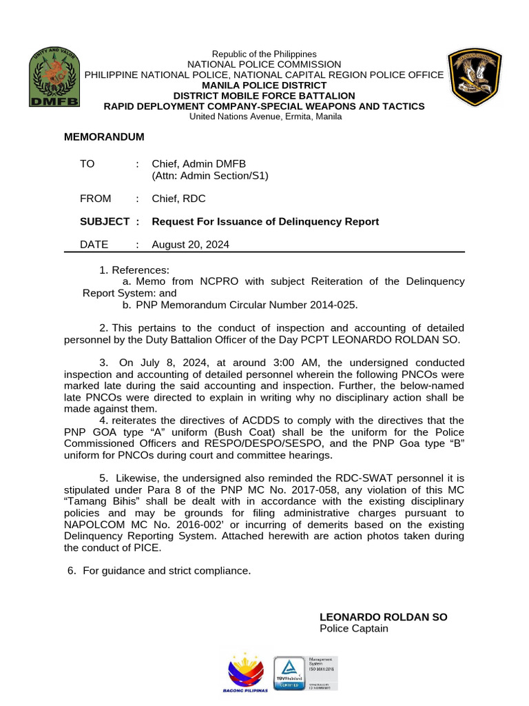 Request For Issuance of Delinquency Report | PDF