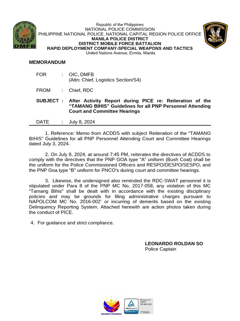 Reiteration of The "TAMANG BIHIS" Guidelines For All PNP Personnel ...