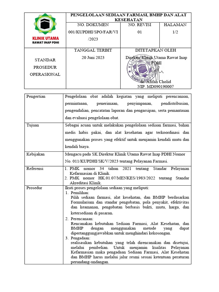 SPO 1 Pengelolaan Sediaan Farmasi, BMHP, Dan Alkes | PDF