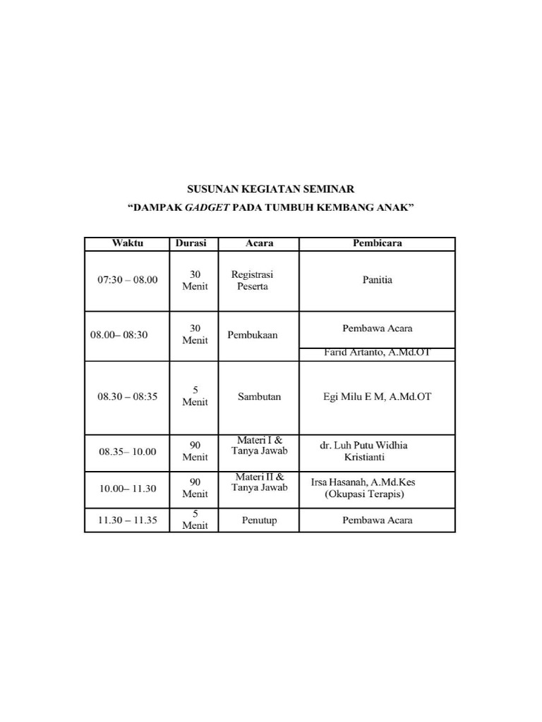 Rundown Acara Seminar "Dampak Gadget Pada Tumbuh Kemban Anak" | PDF