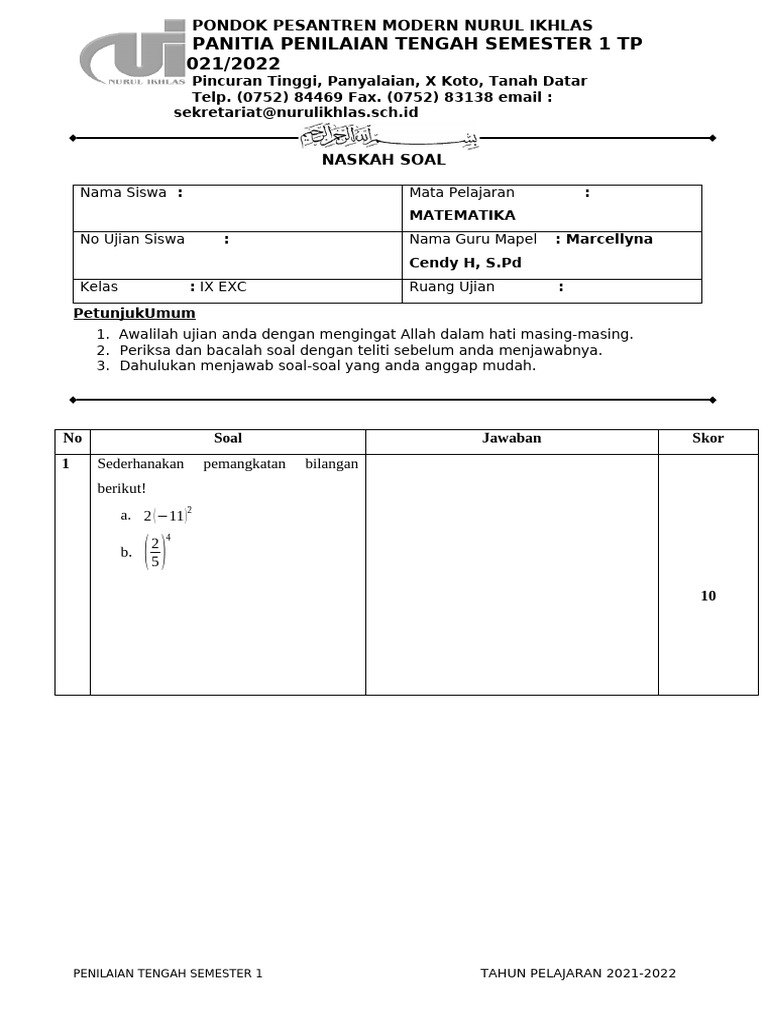Kop Soal PTS 1 2021 | PDF