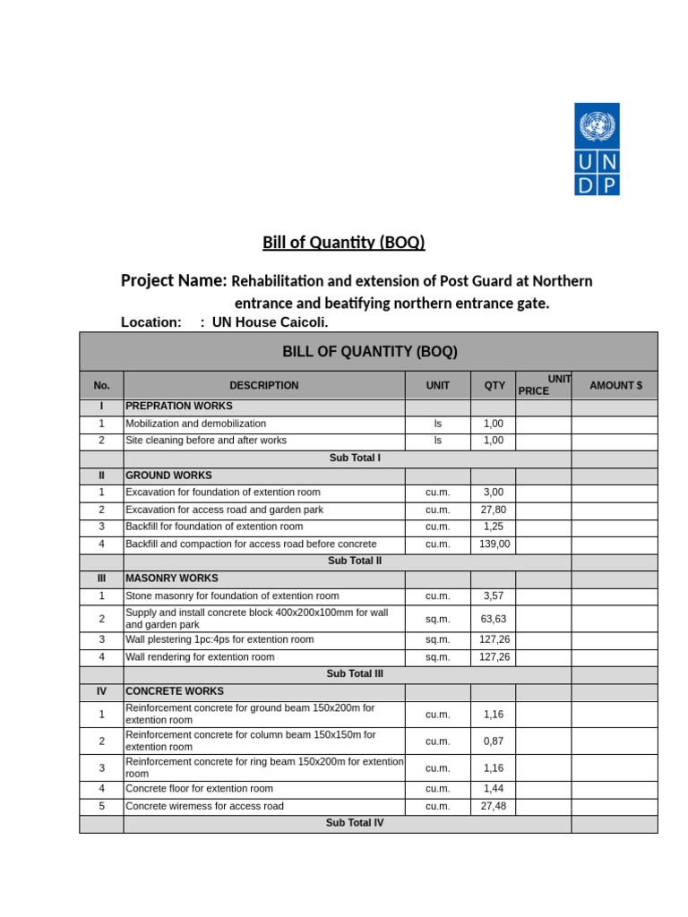 Bill of Quantity-Contruction of Rehabilitation On Norther Gate Fence ...