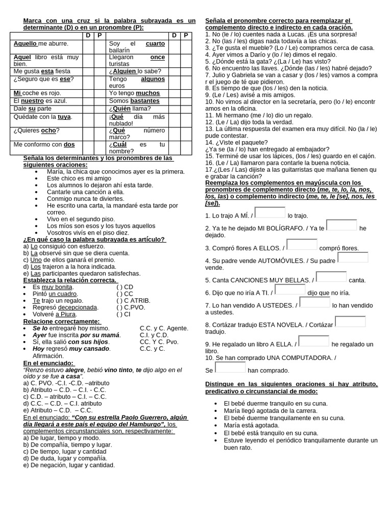 Ejercicios de Complementos y Pronombres | PDF