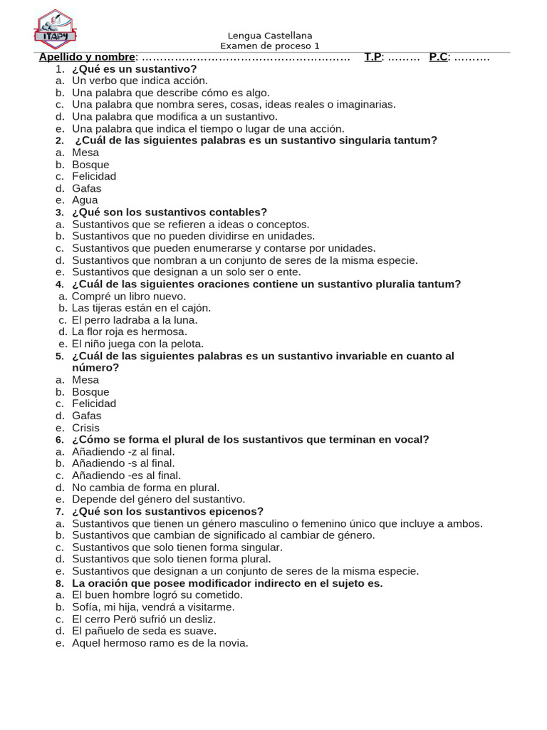 Examen de Sustantivos en Lengua Castellana | PDF | Sustantivo ...