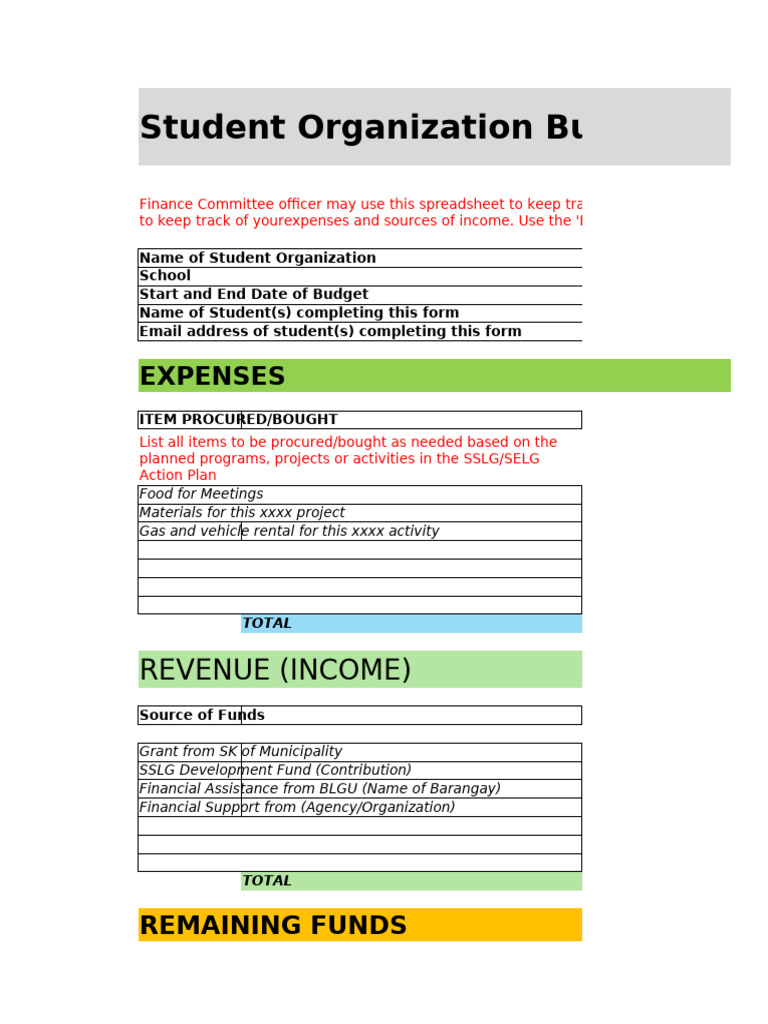 Student Organization Budget Template | PDF