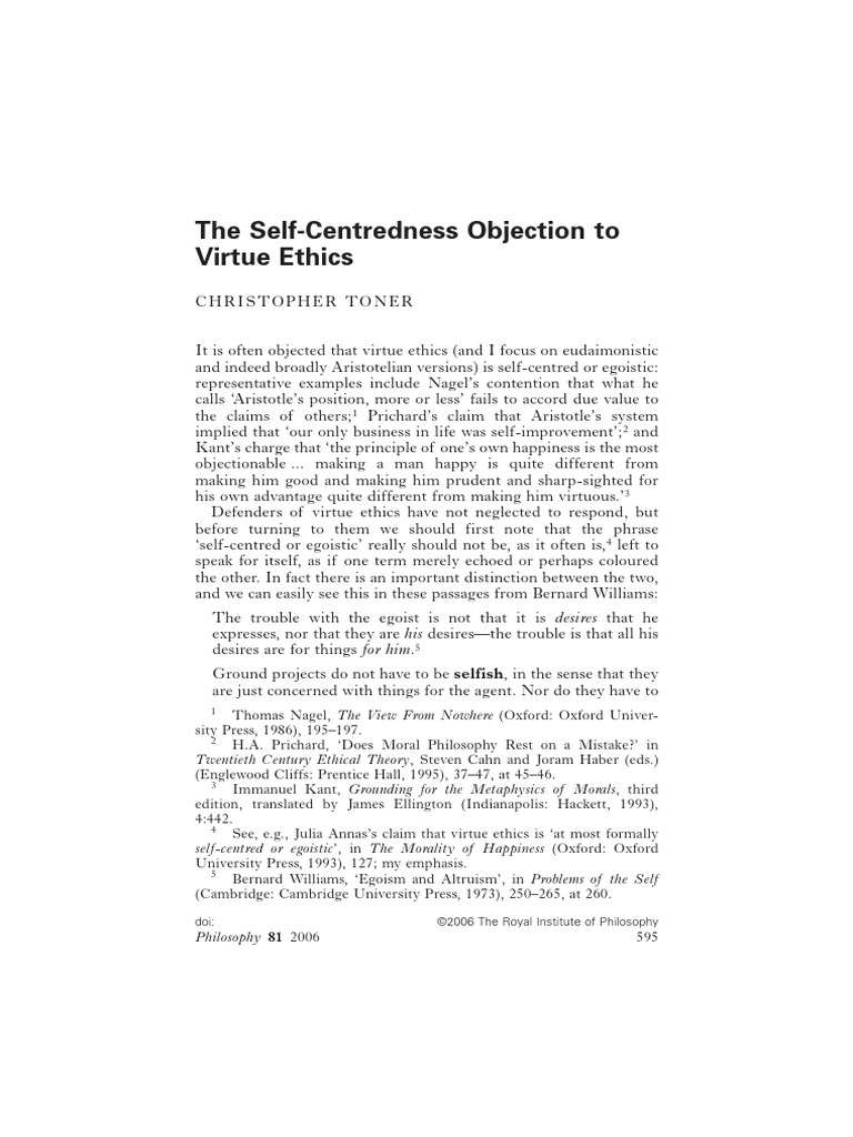 Virtue Ethics and Self-Centredness Objection | PDF | Virtue Ethics | Virtue