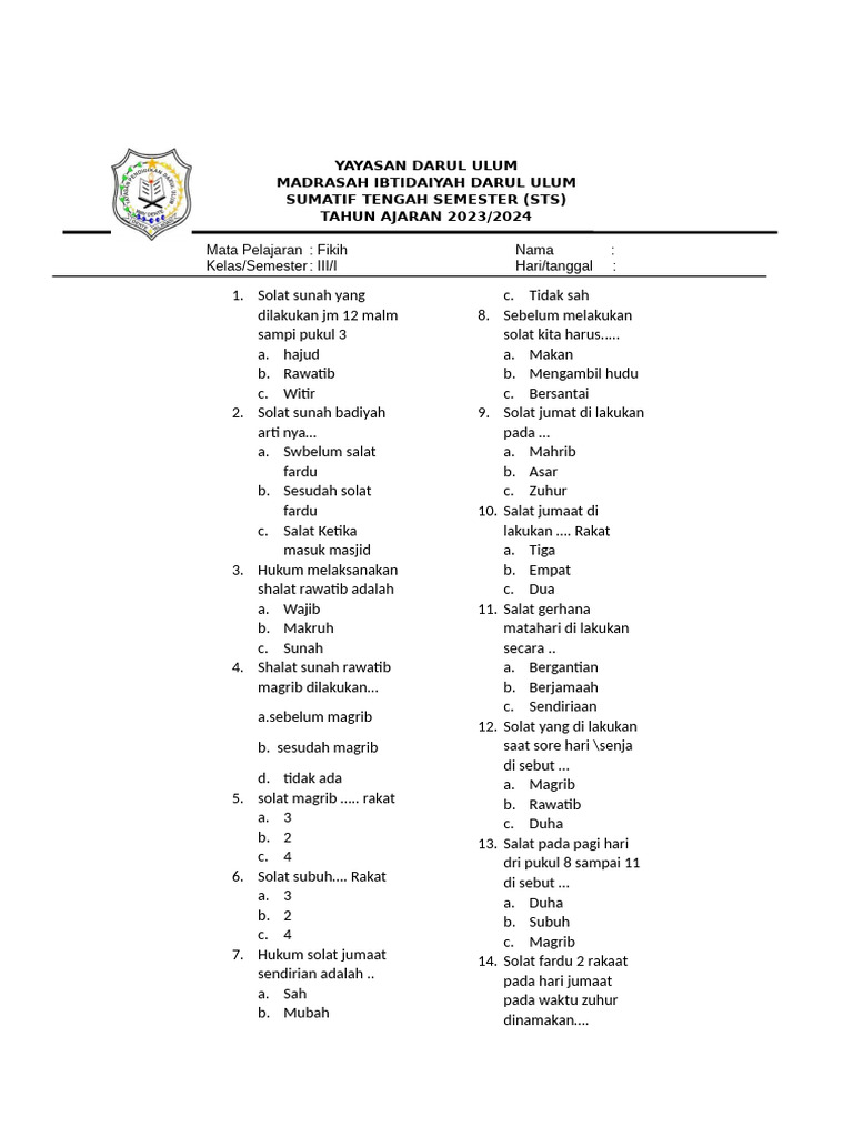 Soal PTS Fiqih Kelas 3 | PDF