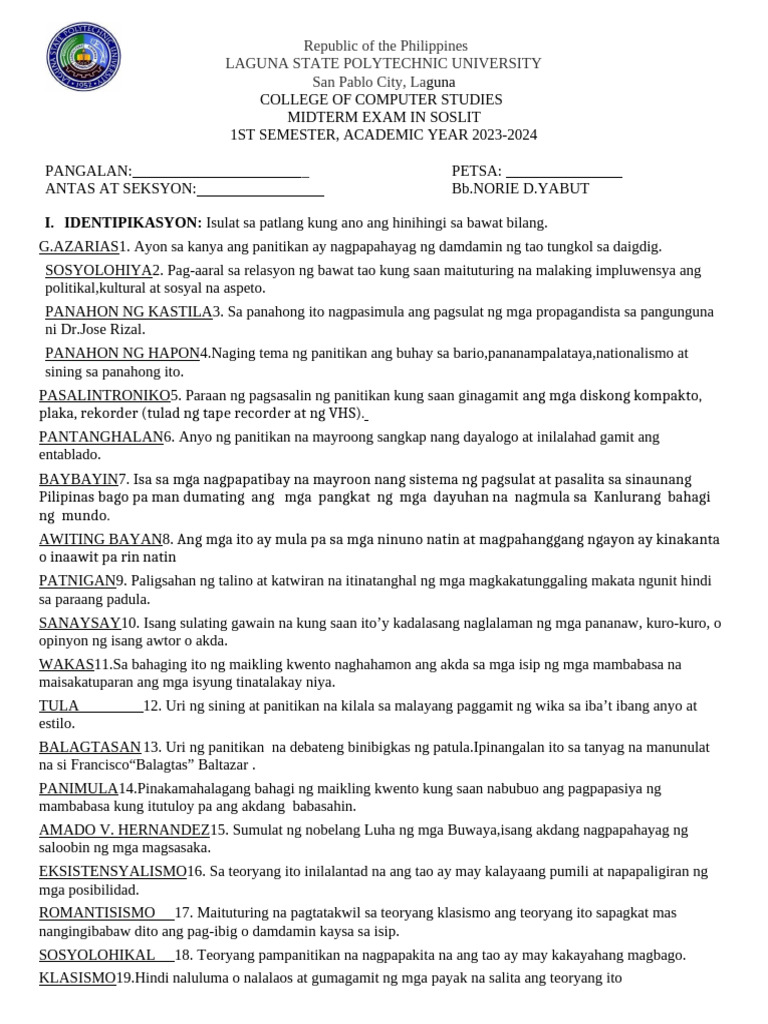 Soslit Midterm Exam Answer Key | PDF