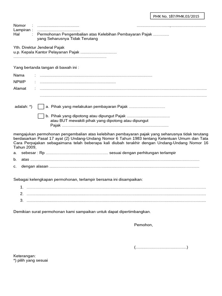 Surat Permohonan Pengembalian Atas Kelebihan Pembayaran Pajak Yang ...