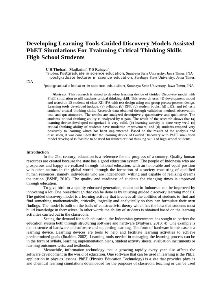 Developing Learning Tools Guided Discovery Models Assisted PhET Simulations For Trainning ...