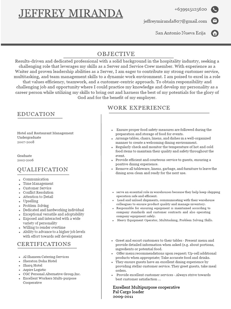Jeff Resume New | PDF | Waiting Staff | Restaurants