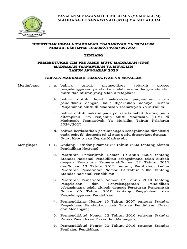 SK Tim Penjamin Mutu Madrasah (TPM) 2024 Tahun Anggaran 2025 | PDF