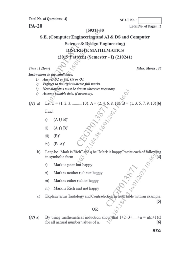 Discrete Mathematics Exam Questions | PDF | Mathematical Logic ...