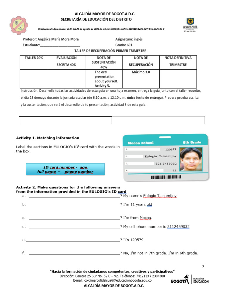 Plan de Mejoramiento Inglés 601 | PDF