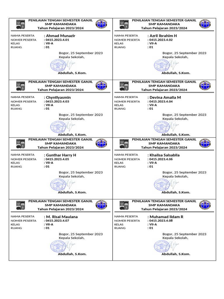 Kartu Meja PTS Ganjil Jadi 202324 | PDF