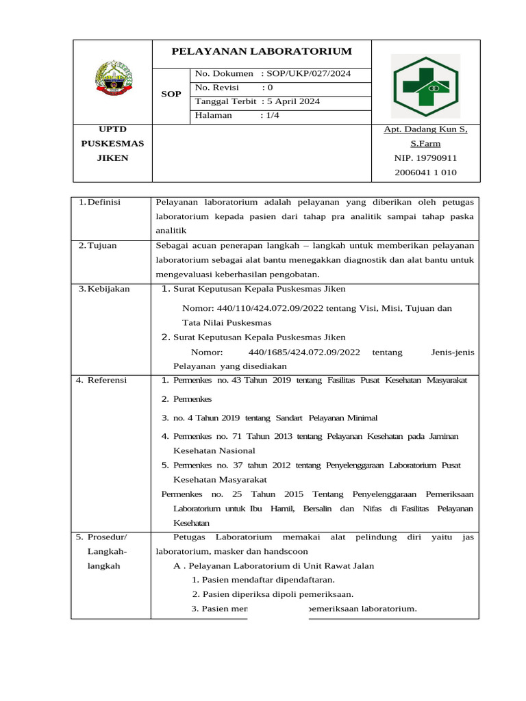 Sop Pelayanan Laboratorium 2024 Pdf
