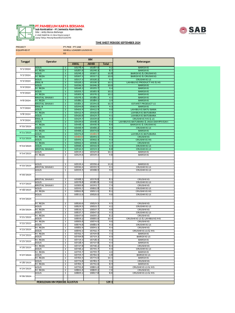 Time Sheet Sept 2024 Fix | PDF