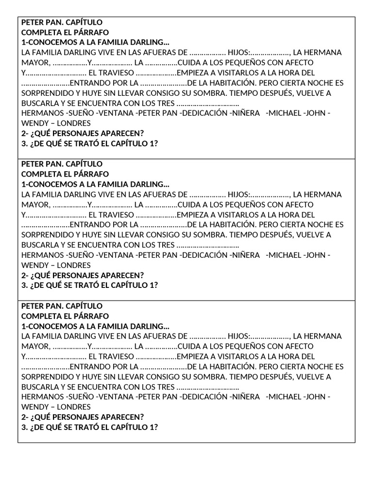 Peter Pan Capítulo 1 Actividad | PDF