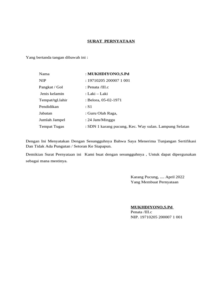 SURAT PERNYATAAN Sertifikasi 2021 | PDF