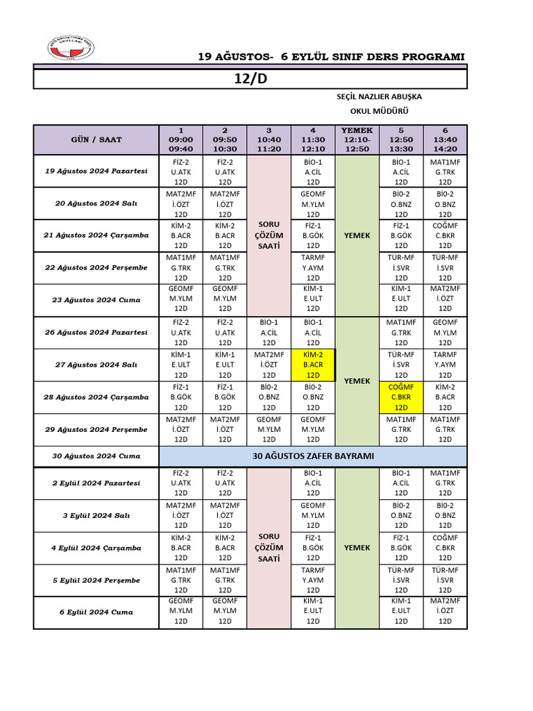 19 Ağustos-6 Eylül Sinif Ders Programi: Gün / Saat | PDF
