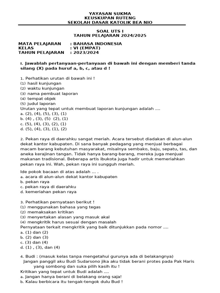 Soal Mid Bindo Kelas 6 Semester 1 | PDF