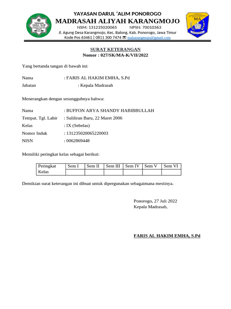 Surat Peringkat Kelas | PDF
