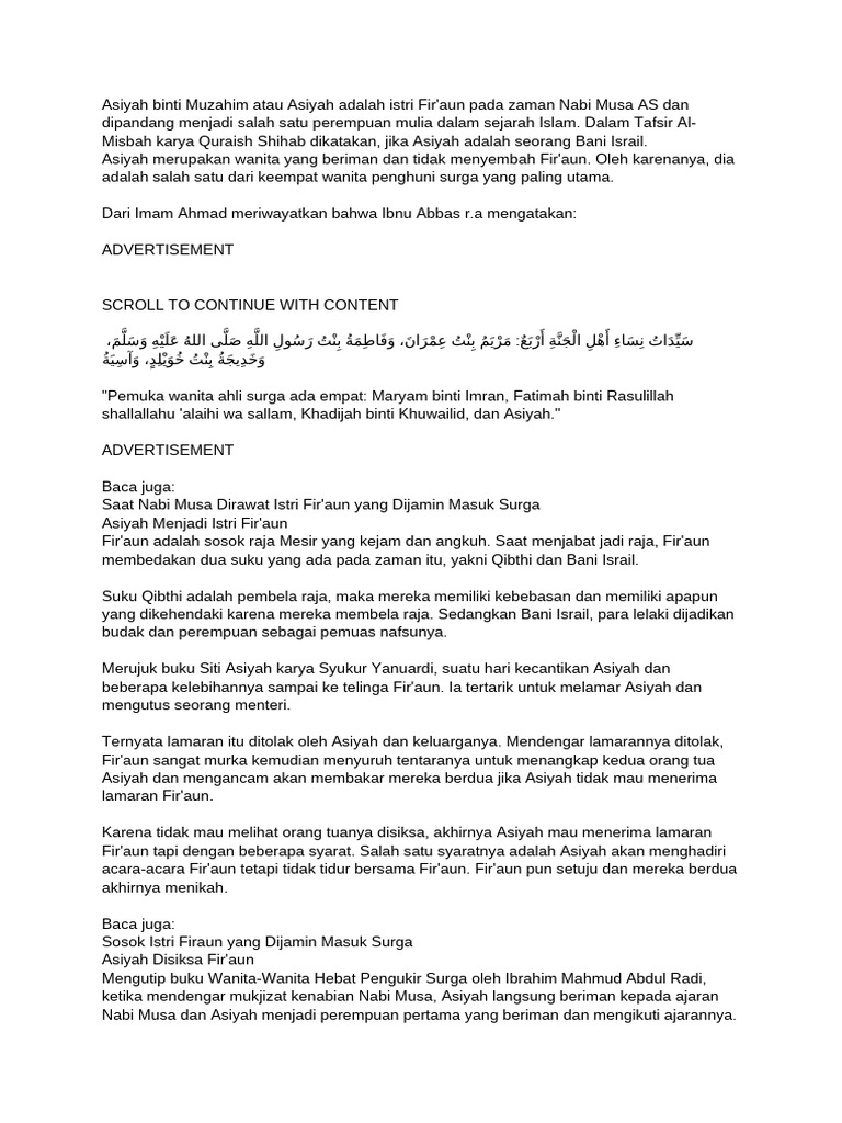 Asiyah Binti Muzahim Atau Asiyah Adalah Istri Fir | PDF