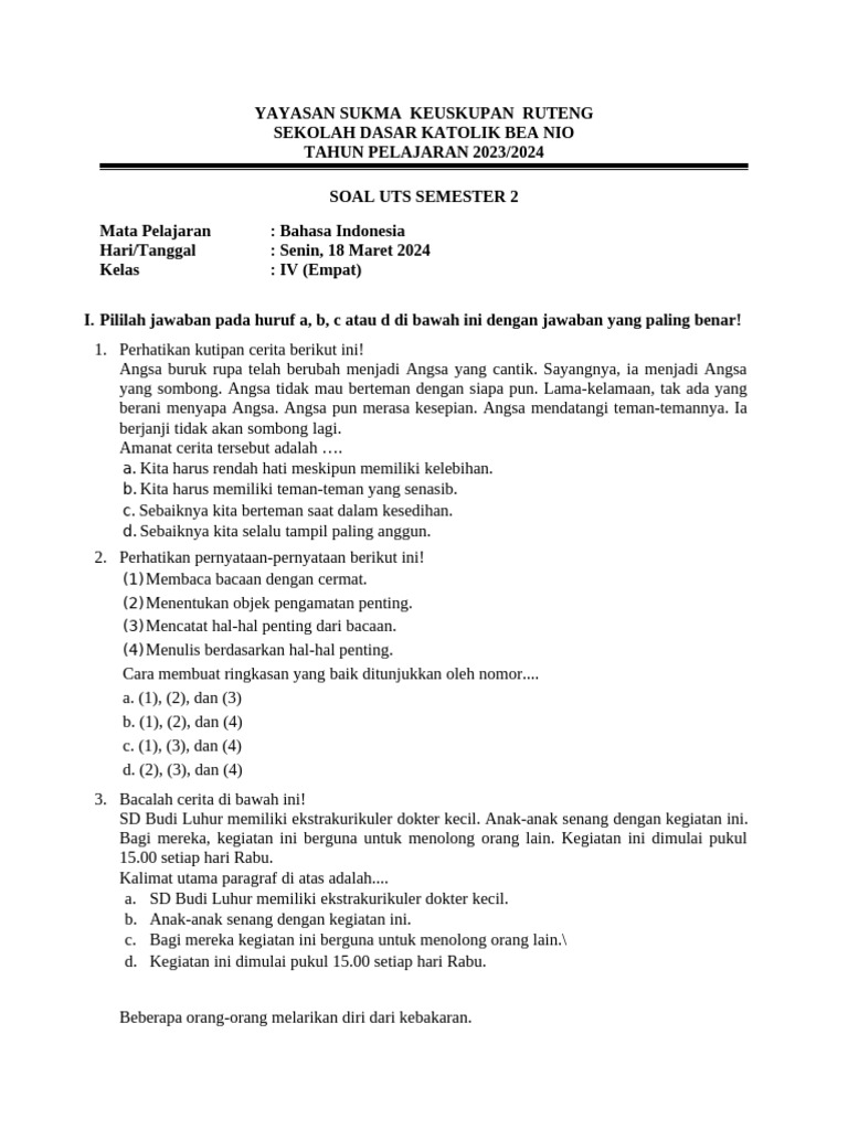 Soal Bindo Edit Uts KLS 4 | PDF | Indonesian People | Indonesia