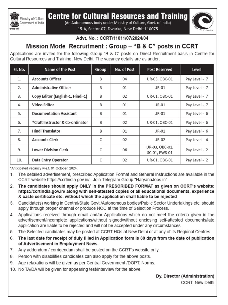CCRT Group B C Recruitment 2024 Notification and Application Form | PDF