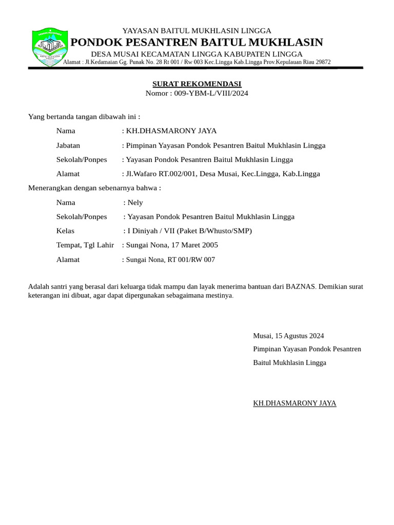 Surat Rekomendasi Sekolah Ke Baznas | PDF