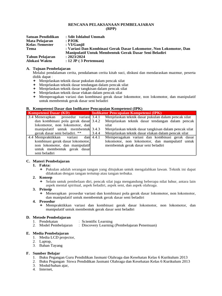 Kls 611. RPP. KD 3.4 Subtema A - Variasi Dan Kombinasi Gerak Dasar ...