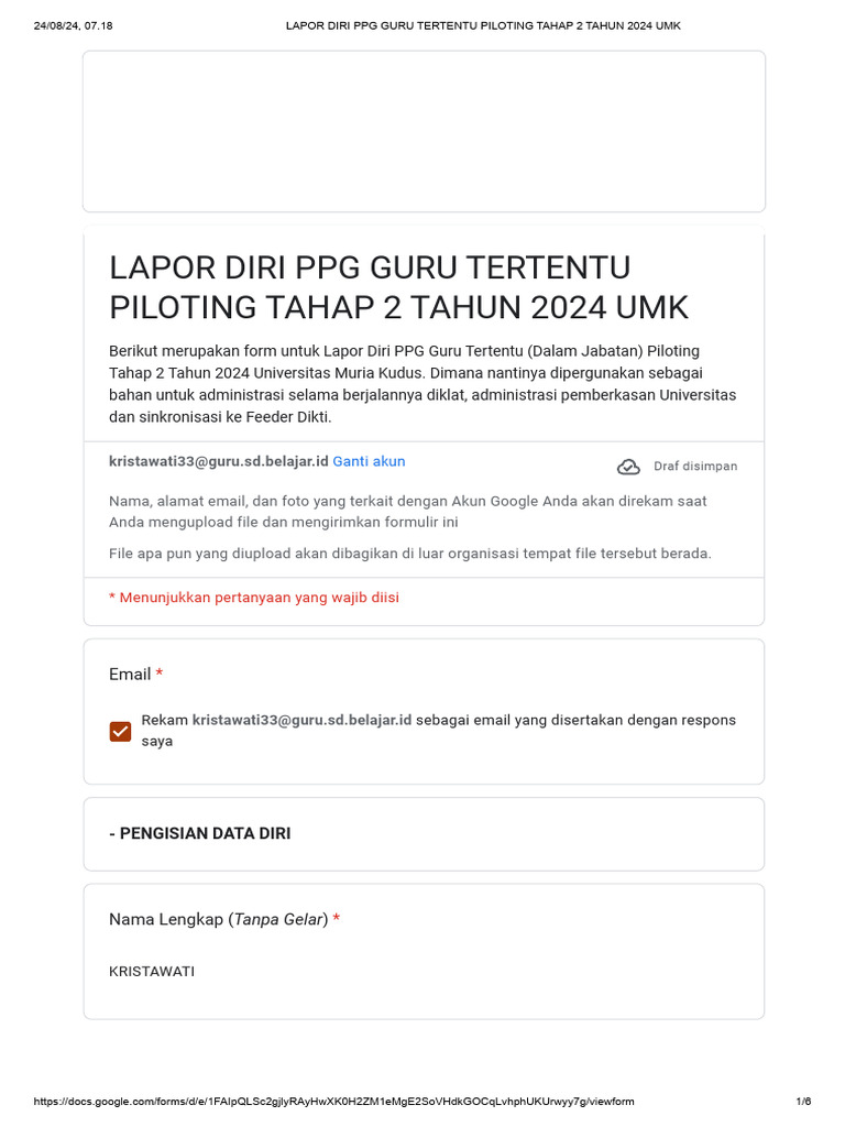 Lapor Diri PPG Guru Tertentu Piloting Tahap 2 Tahun 2024 Umk | PDF