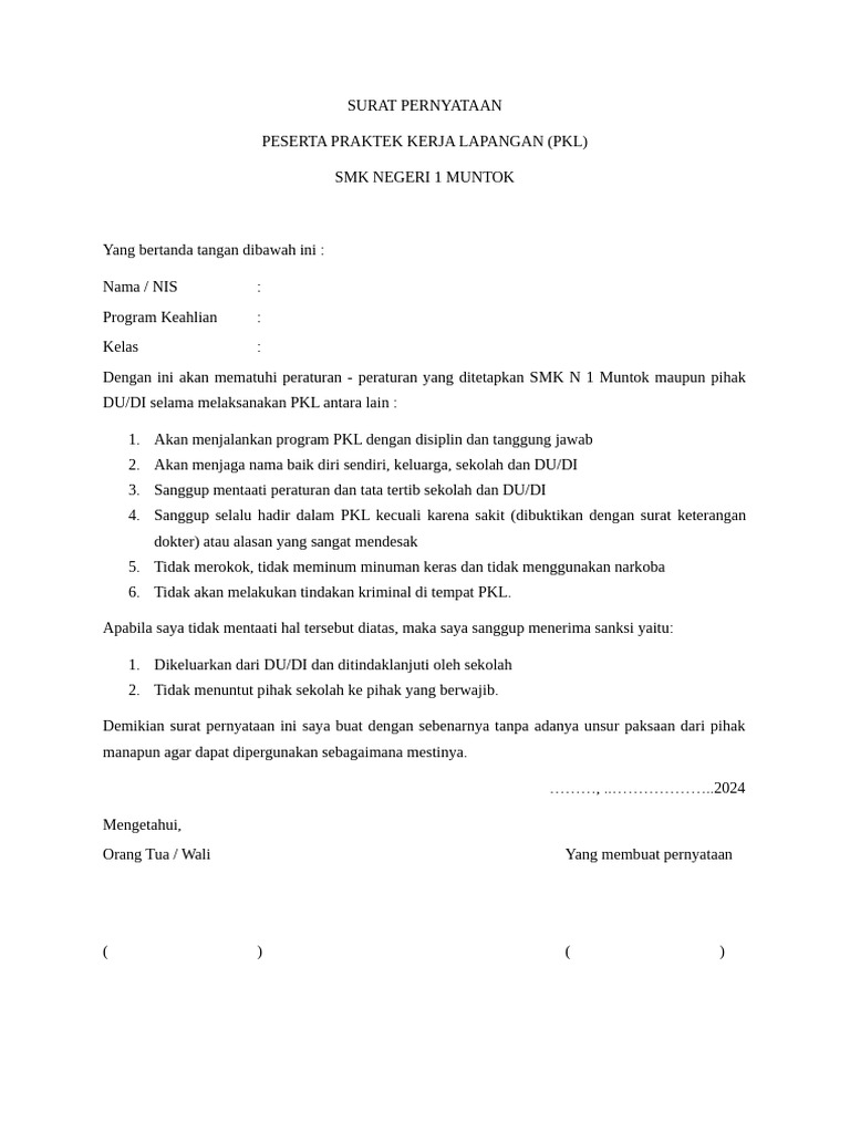Surat Pernyataan PKL New-1 | PDF