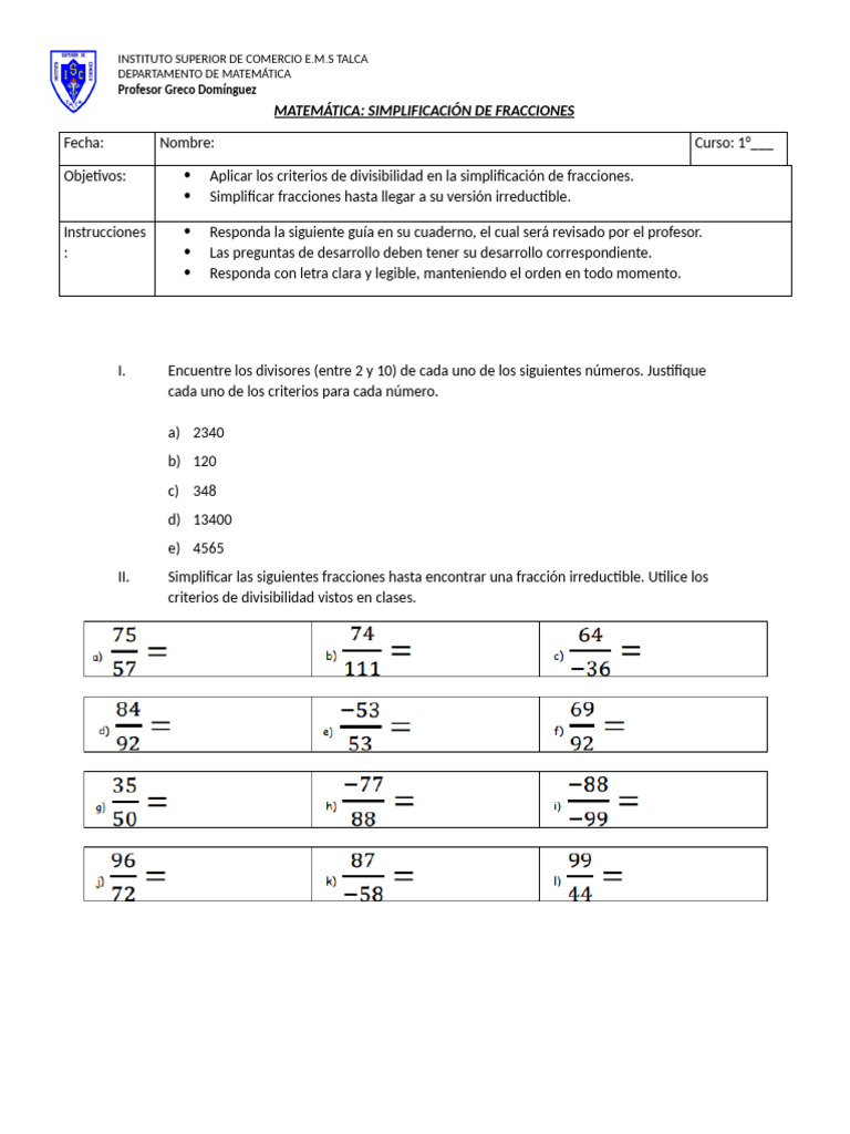 1ero Medio Guía 1 (Simplificar Fracciones) | PDF