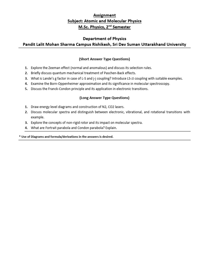 Assignment Atomic and Molecular Spectros | PDF
