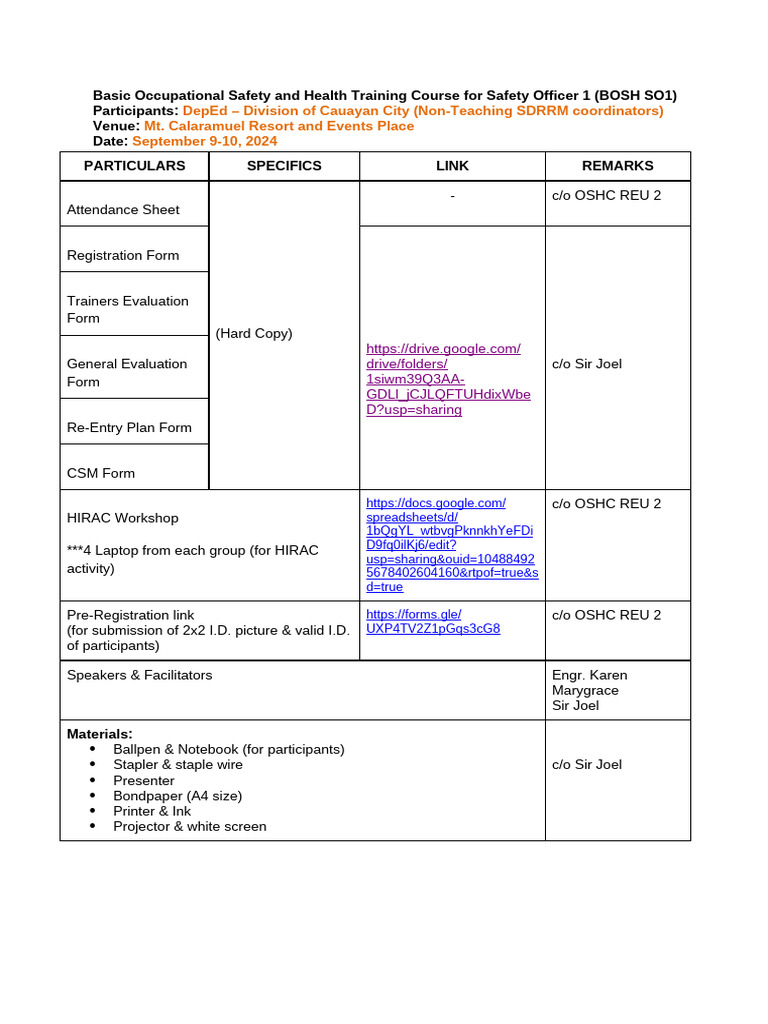 Checklist For BOSH SO1 | PDF