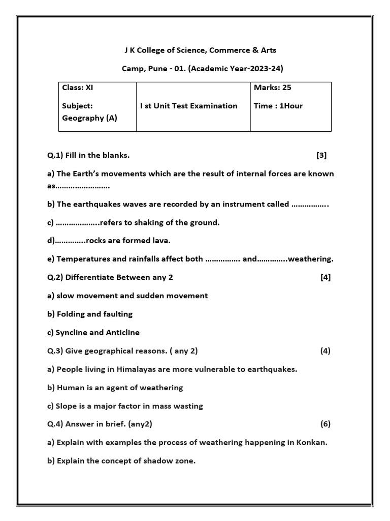 Question Paper Xi 1st Unit Test | PDF