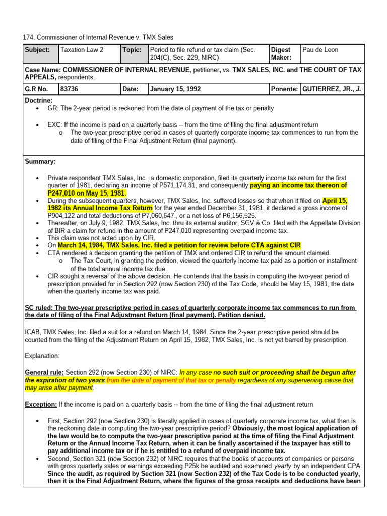 Commissioner of Internal Revenue v. TMX Sales | PDF