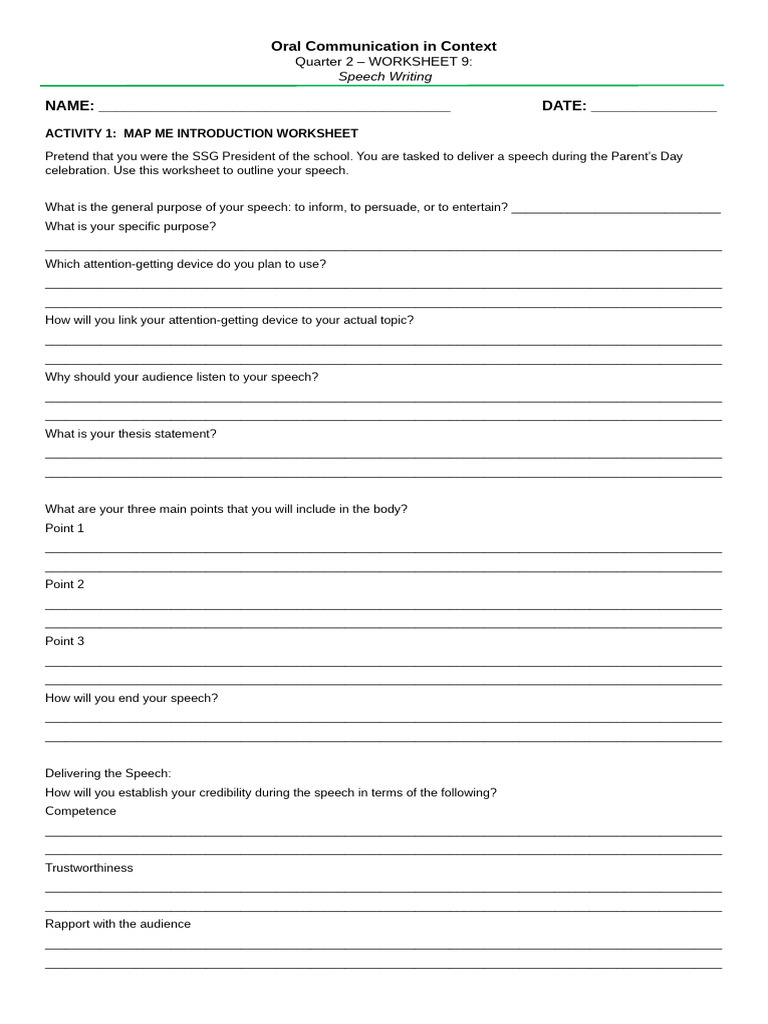 WORKSHEET 9-Oral-Speech Writing | PDF