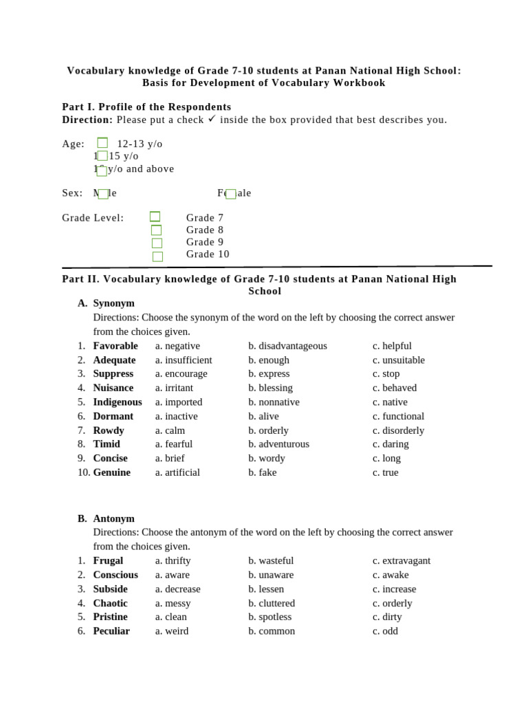 Vocabulary Assessment for Panan High School | PDF | Rainbow | Snake