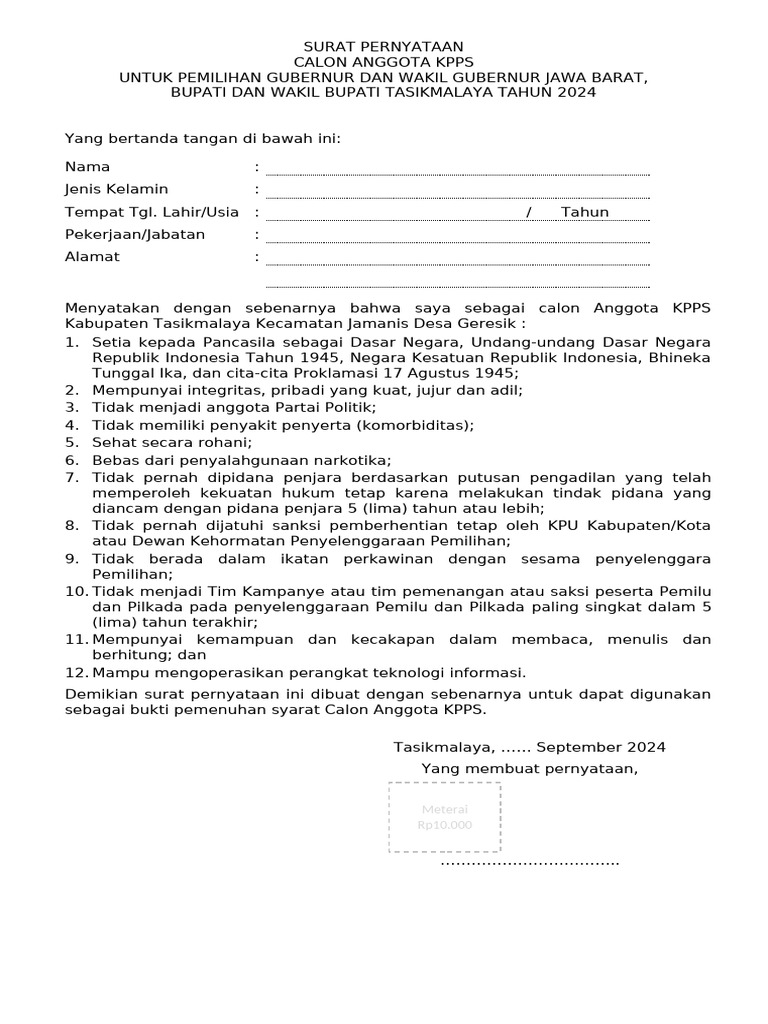 Surat Pernyataan KPPS | PDF
