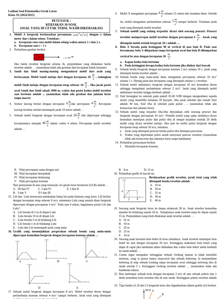 Latihan Soal Kinematika Gerak Lurus-1 | PDF