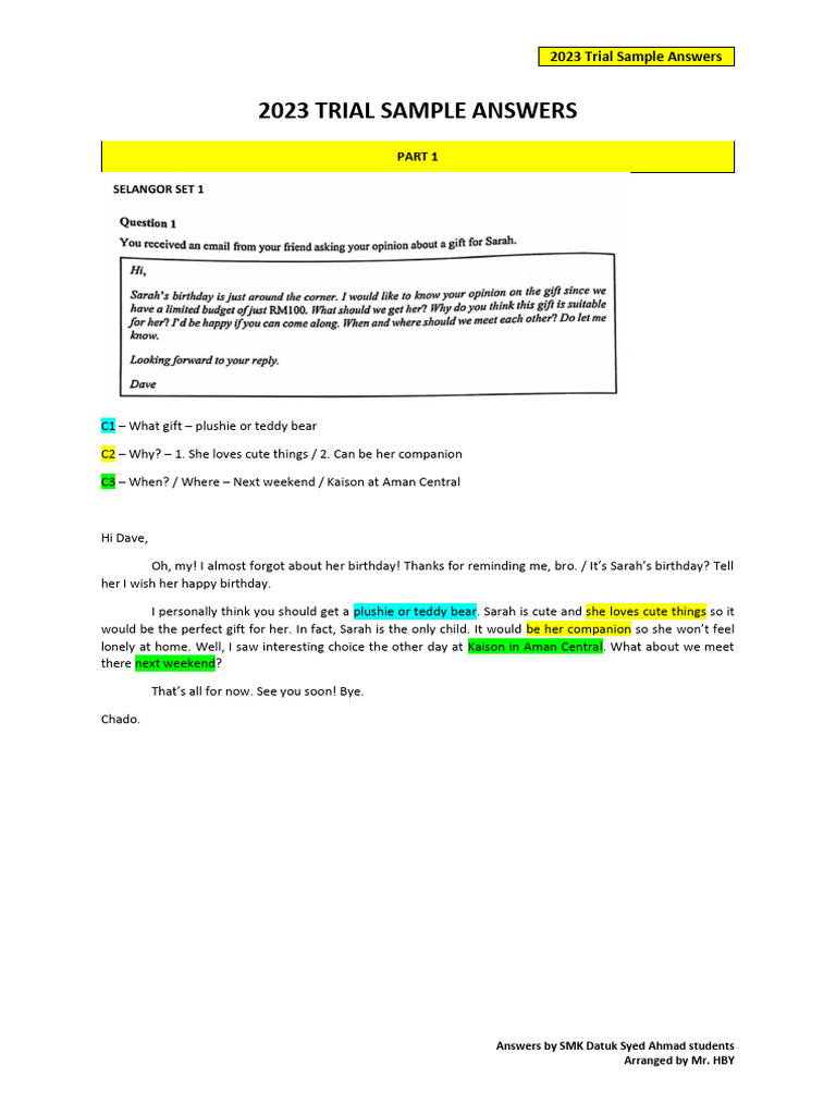 2023 Trial Sample Answers Overview | PDF | Sleep | Home & Garden