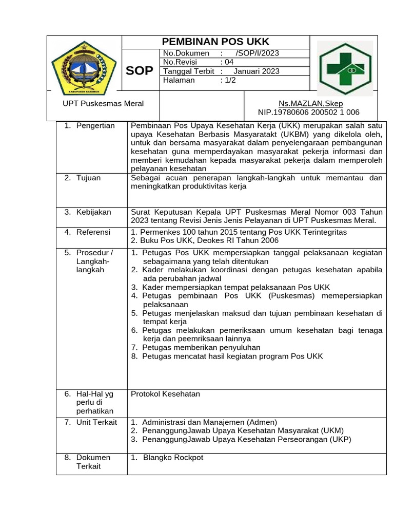 SOP Pembinaan POS UKK | PDF