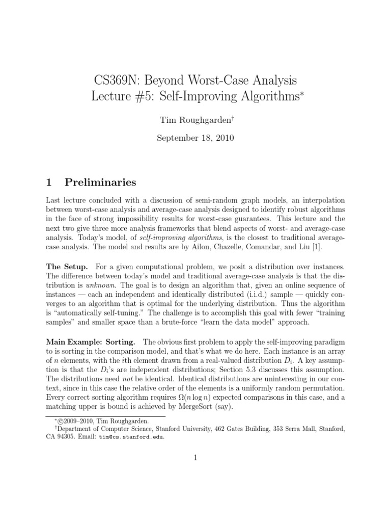 CS369N: Beyond Worst-Case Analysis Lecture #5: Self-Improving Algorithms | PDF | Time Complexity ...
