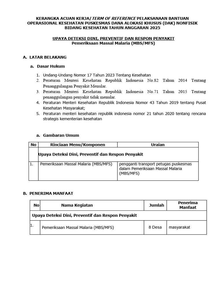 TOR Pemeriksaan Massal Malaria (MBS MFS) 2025 | PDF