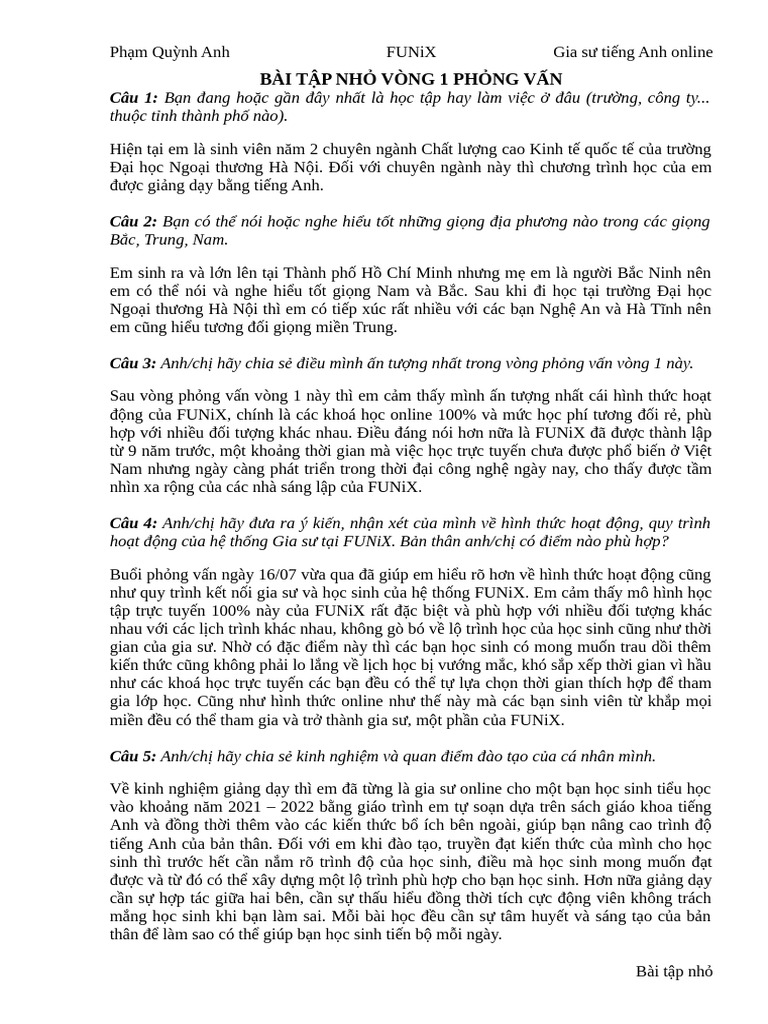 Bài Tập Nhỏ Vòng 1 Phỏng Vấn | PDF