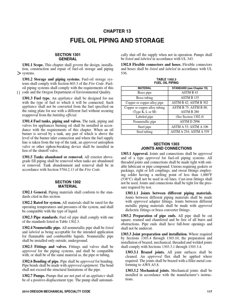 Oregon - 14 - Mechanical - Chapter 13 - Fuel Oil Piping and Storage | PDF